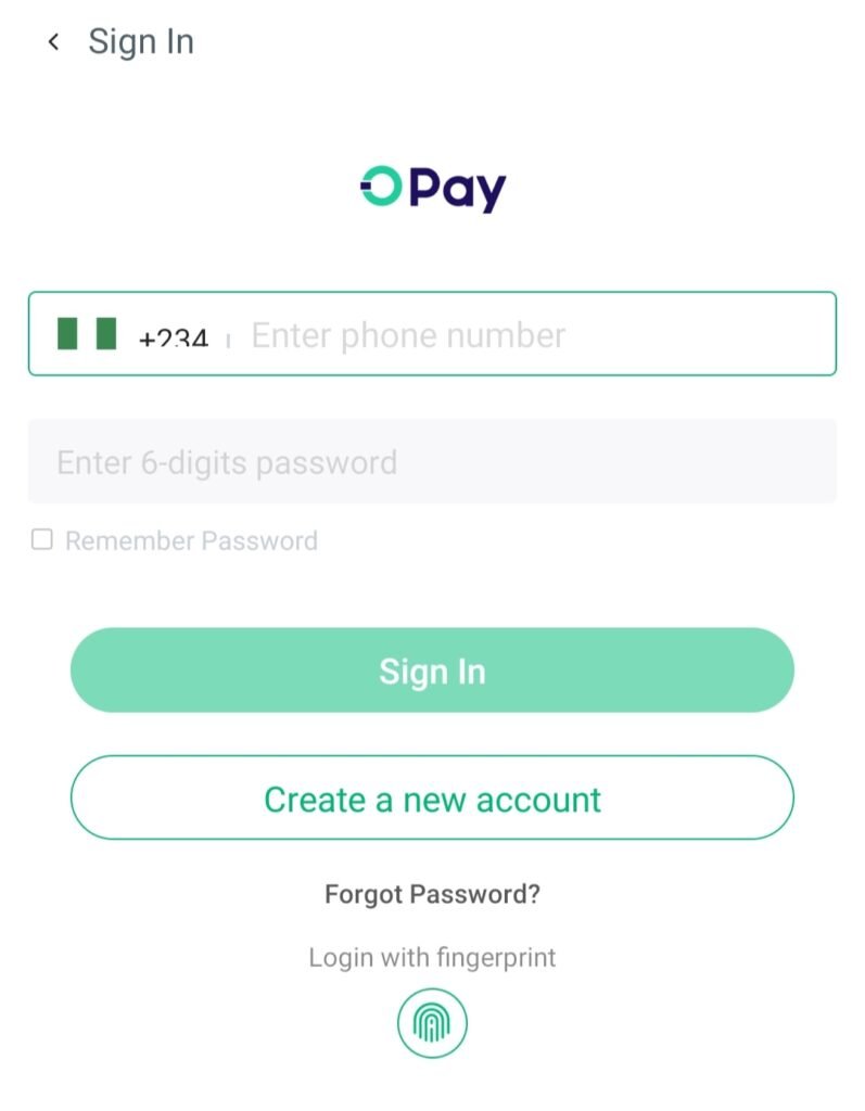 Opay Login With Phone Number and Password in Nigeria